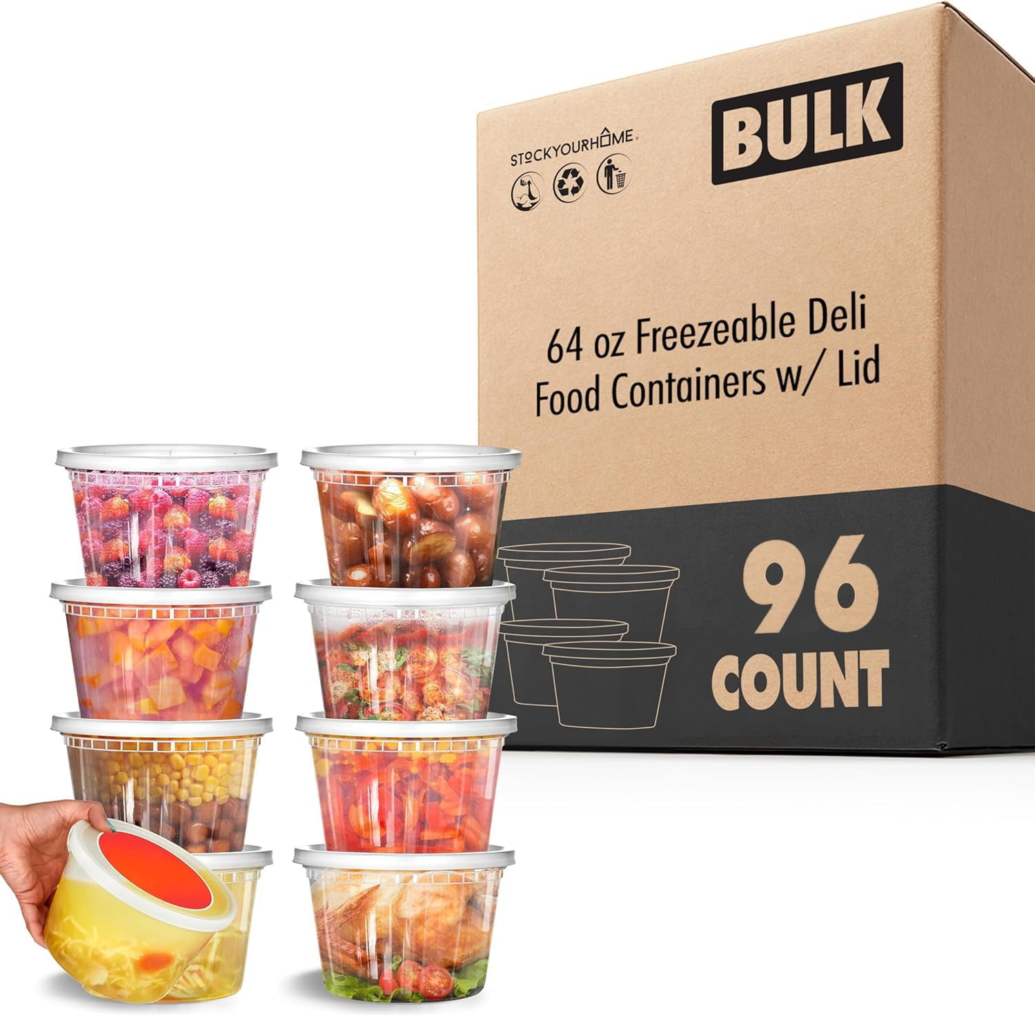 Stock Your Home 64 oz Plastic Deli Containers with Lids (96 Pack), Half ...