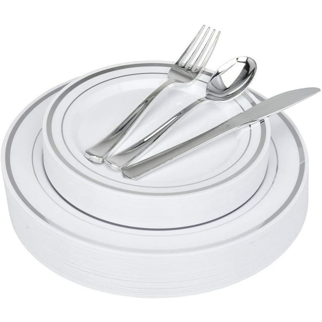Stock Your Home Elegant 125-Piece Silver Rim Plastic Place Setting Set ...