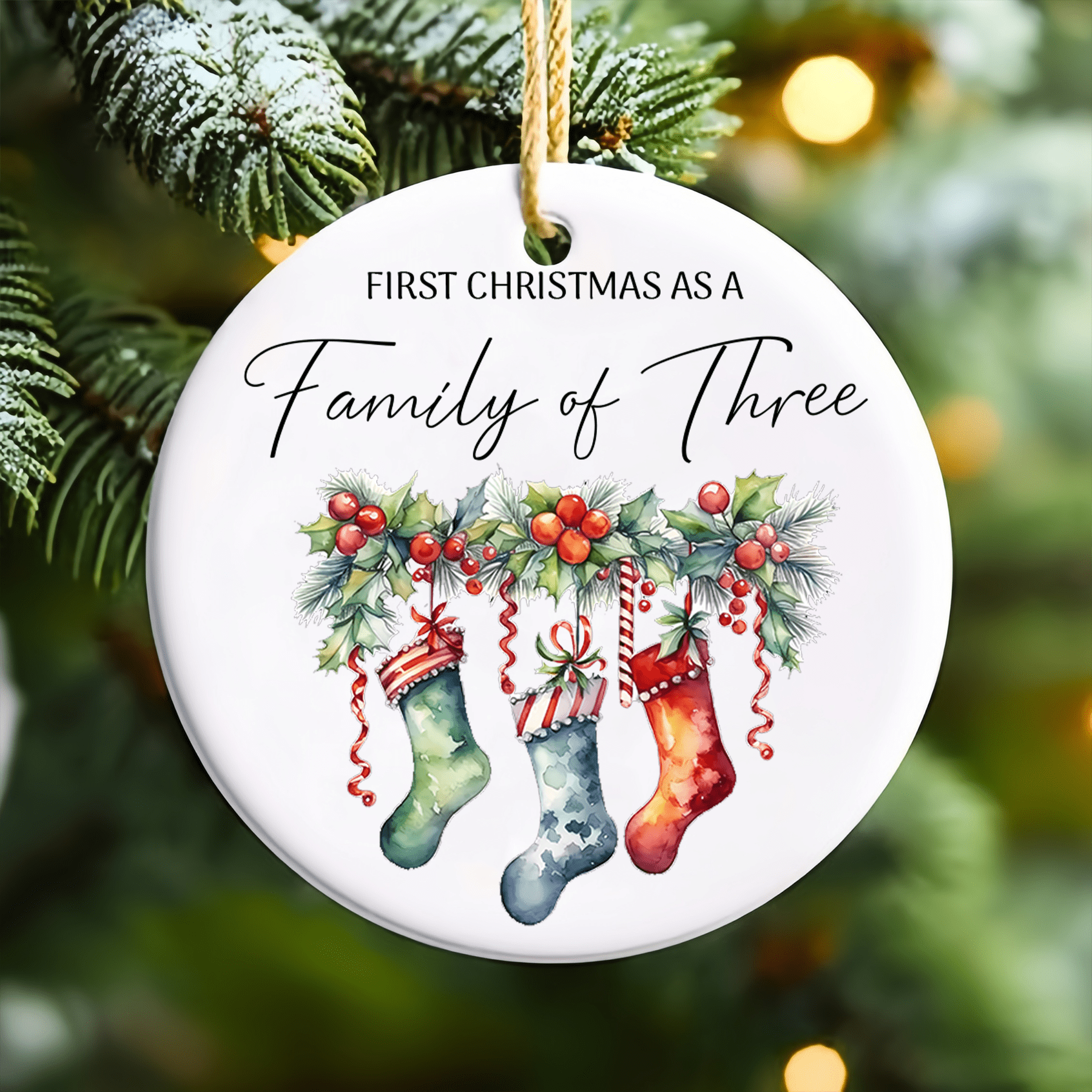Stocking First Christmas Family of Three Ceramic Ornament for Tree ...