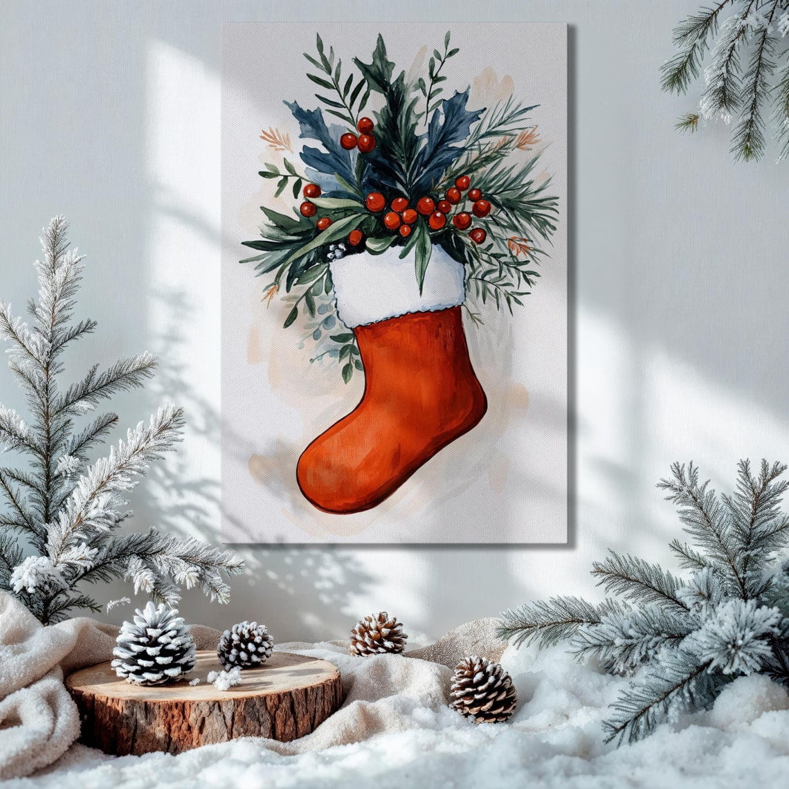 Stocking Poster Decoration Wall Art Festive Greenery With Berry Poster ...