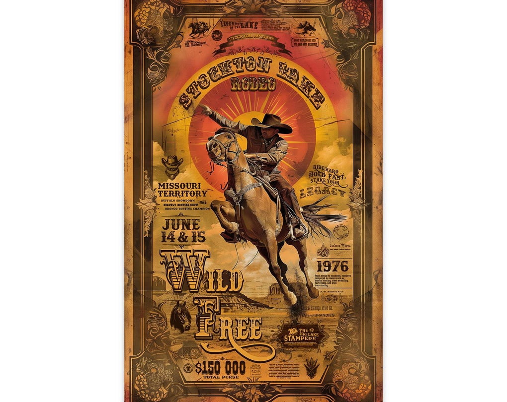 Stockton Lake Rodeo Poster - Retro Cowboy Western Art Print For Rustic ...