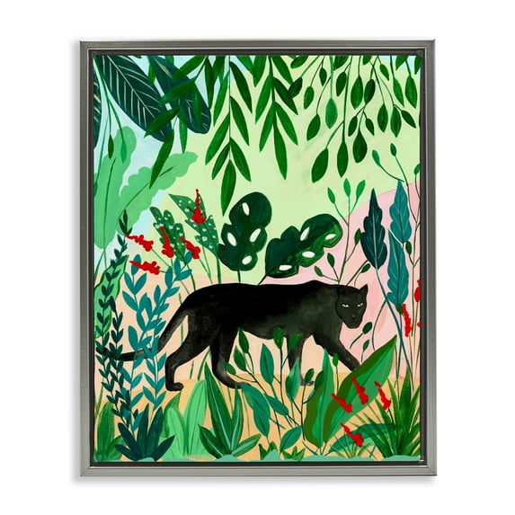 Stoic Panther Tropical Forest Gray Framed Floater Canvas Wall Art ...