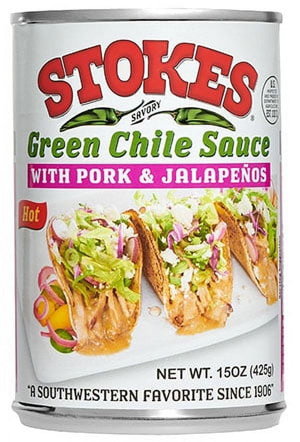 Stokes Green Chile Sauce with Pork & Jalapenos, Hot, 15 oz Can ...