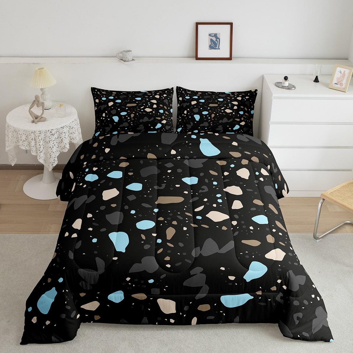 Stone Bedding Full Modern Art Comforter Set, Black Blue Marble Down ...