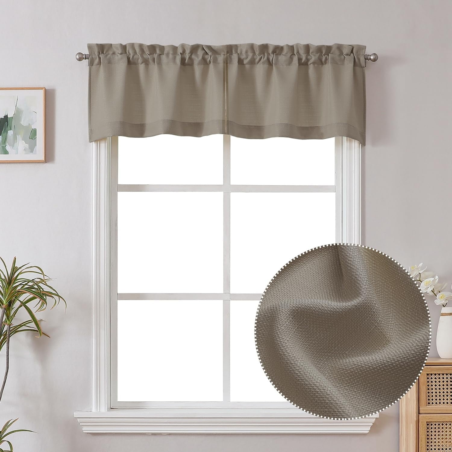 Stone Beige Valance for Windows, Faux Linen Slub Textured Semi Sheer ...