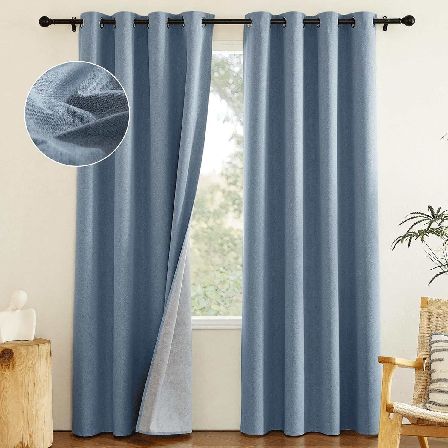 Stone Blue Full Shade Faux Linen Curtain Panels 84" Long, Pair of ...