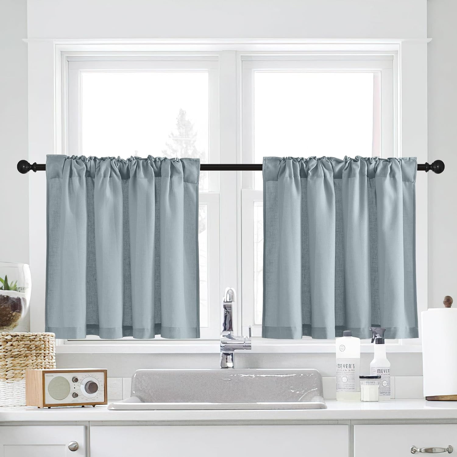 Stone Blue Kitchen Tiers Curtains Over Sink Privacy Linen Textured 30 ...