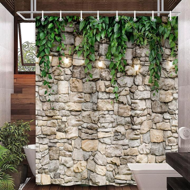 Stone Brick Wall Shower Curtain, Green Leaves Shower Curtain Set for ...
