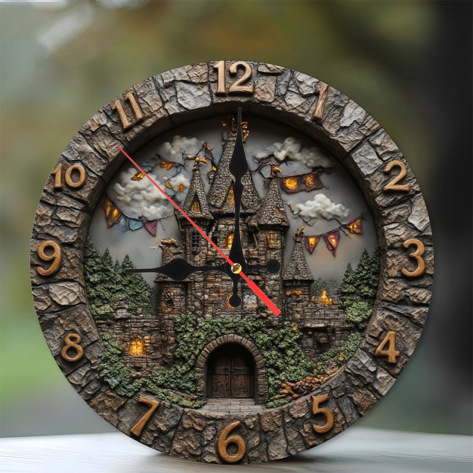 Stone Castle Wall Clock Medieval Fantasy Decor Home 10-Inch Silent ...