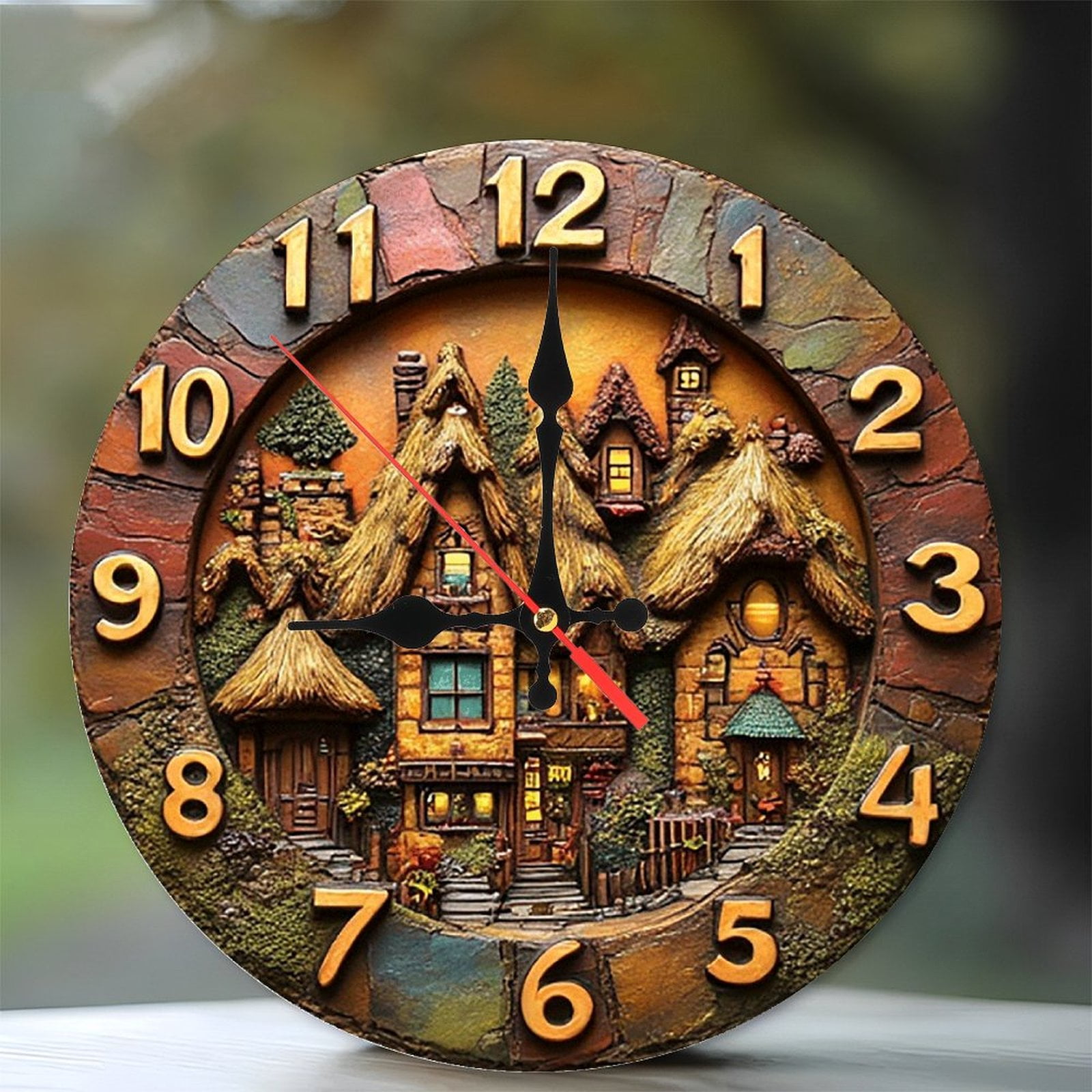 Stone Cottage Wall Clock 2D Resin Art 10-Inch Silent Wooden Wall Clock ...