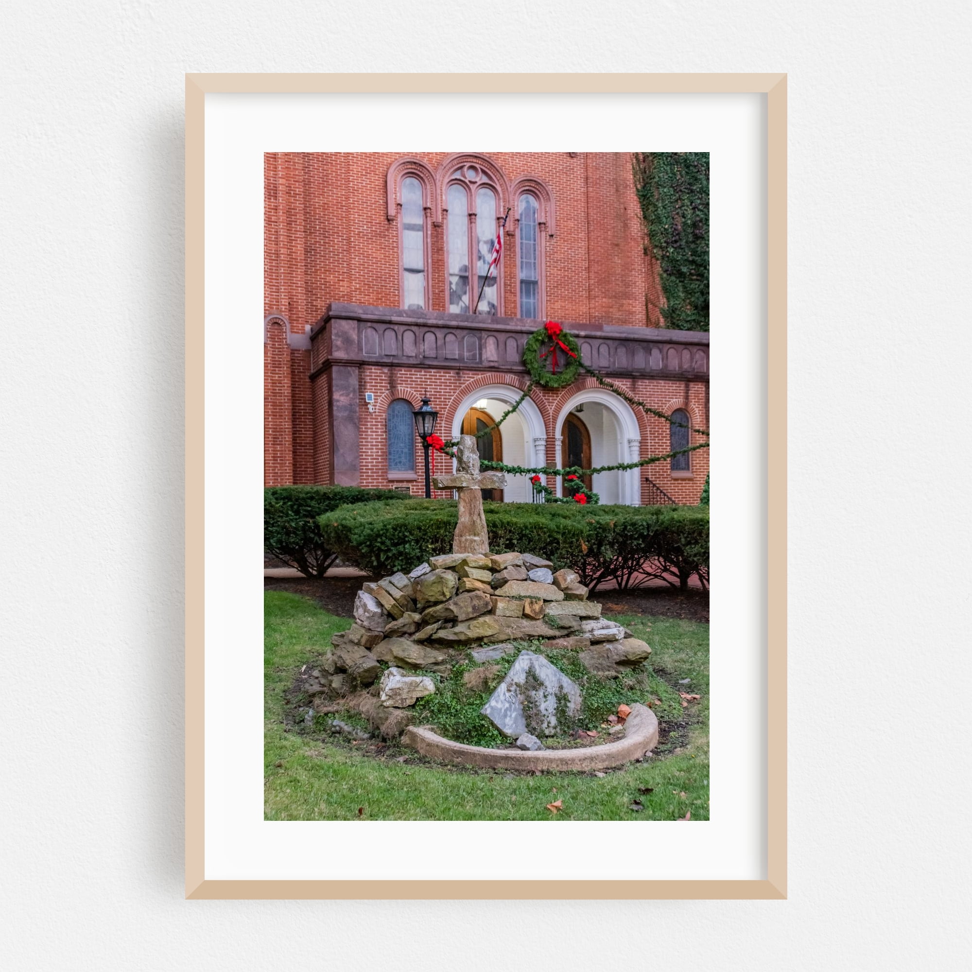 Stone Cross and Historic Church Decorated for the Holidays - York ...