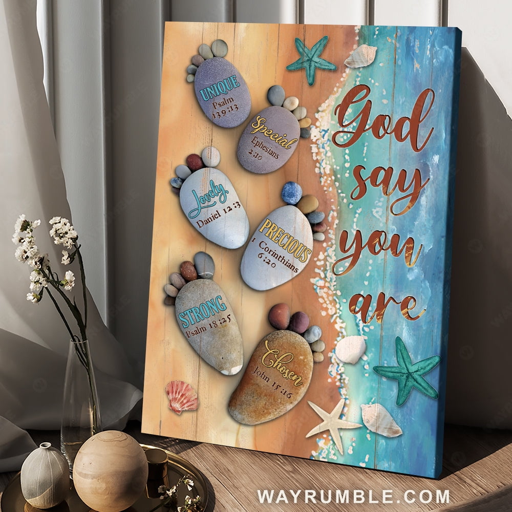 Stone Drawing Blue Ocean Footprint Painting God Says You Are - Jesus ...