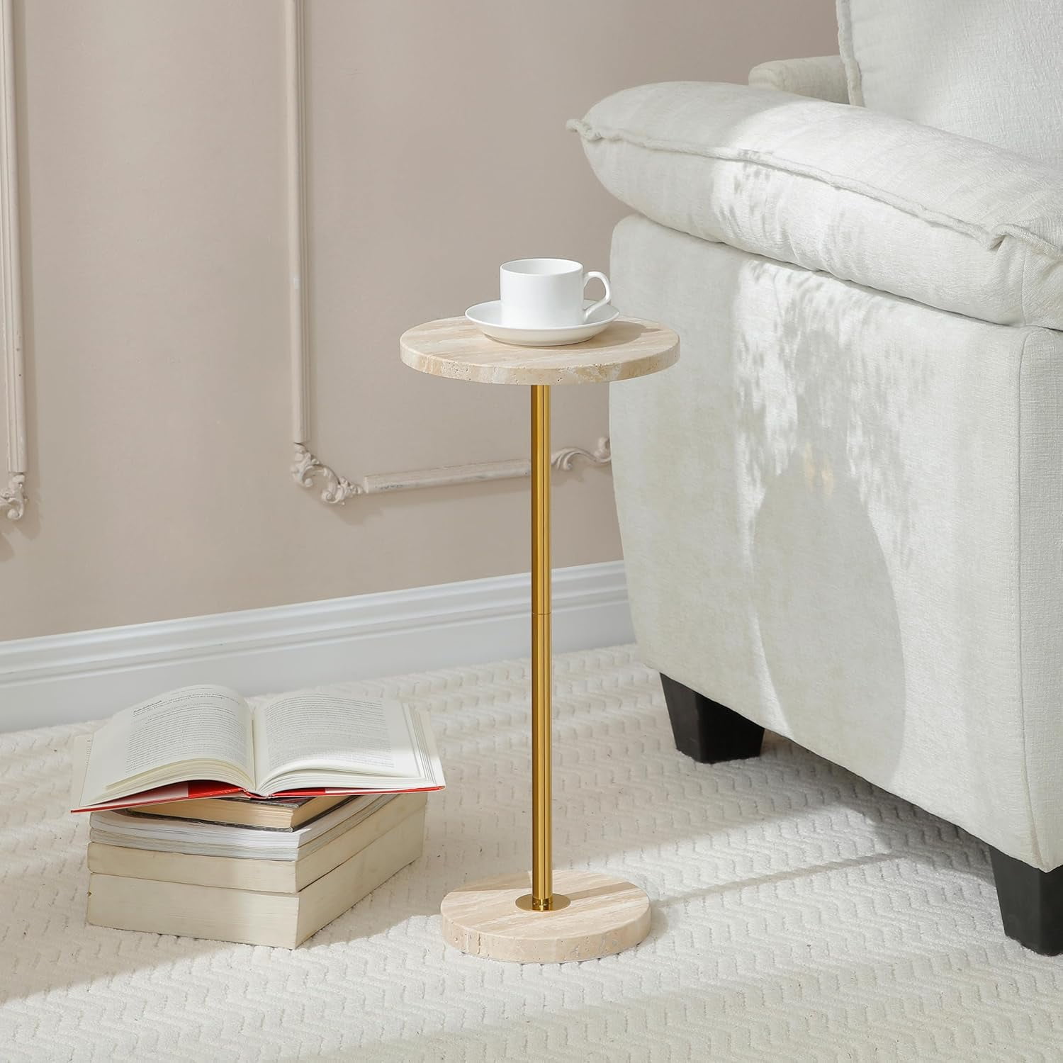 Stone Finish Pedestal End Table for Living Room, Weighted Base Small ...