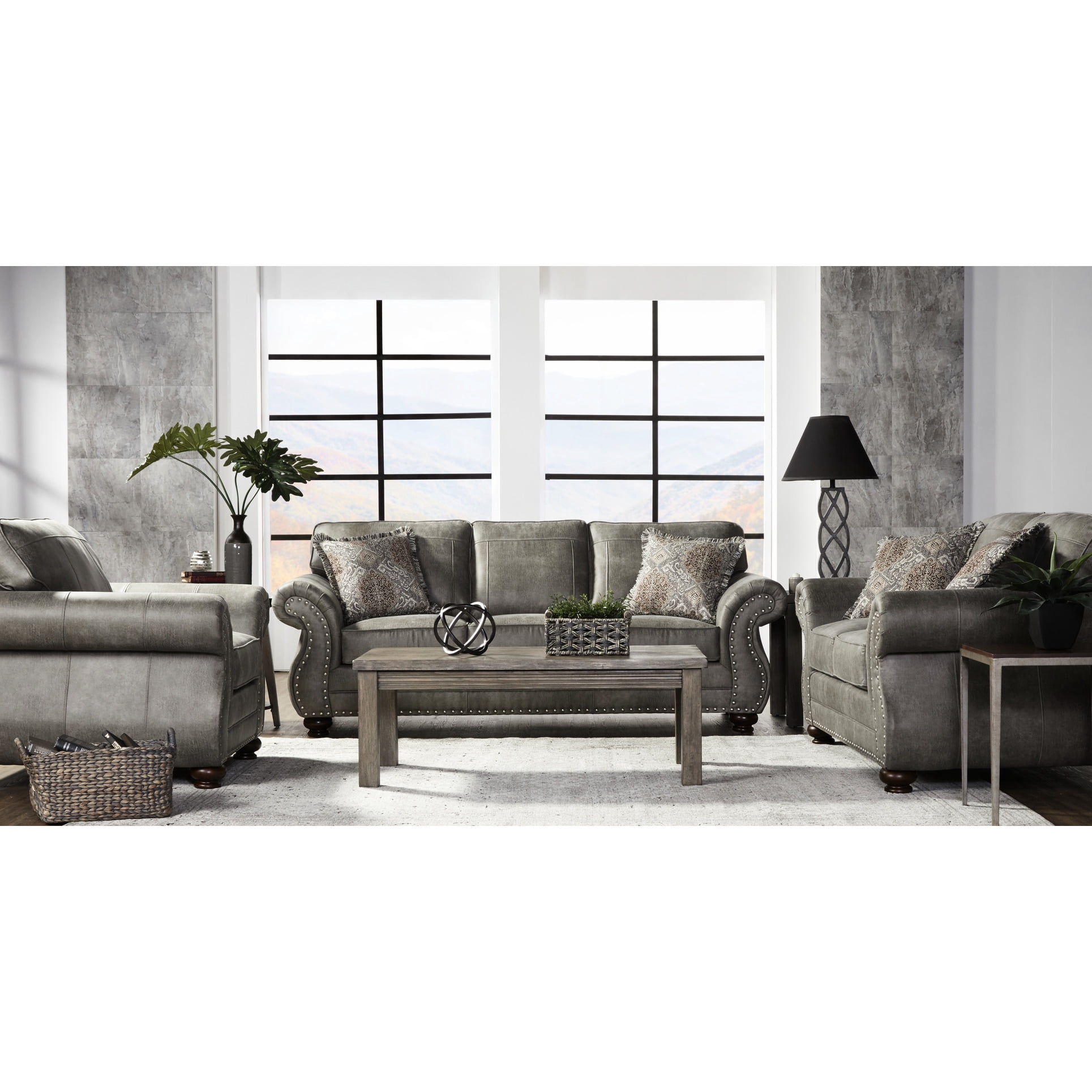 Stone Gray Faux Leather Seating - With Bun Feet And Detailed , , Chair ...