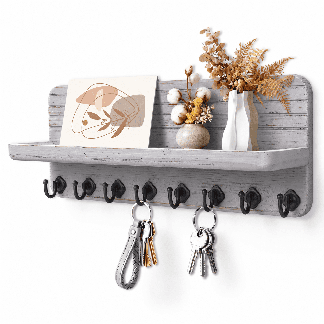 Stone Gray Pine Wood Wall Mounted Key Holder With 8 Hooks and 14.96 ...