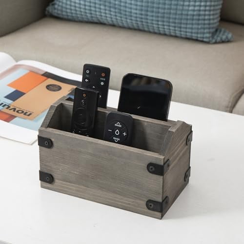 Stone Gray Wood Remote Control Organizer Wooden Tabletop Storage Caddy ...