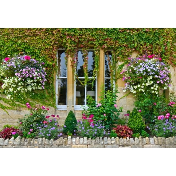 Stone House Photo Backdrop Green Grass Flowers Photography Background ...