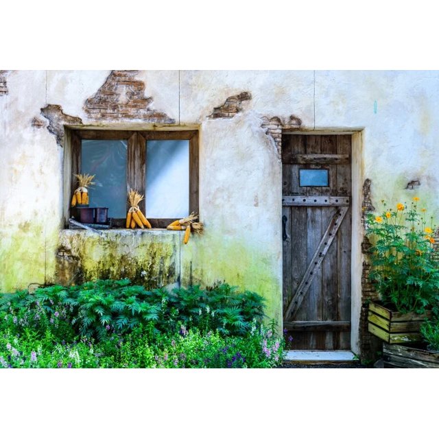 Stone House Photo Backdrop Green Grass Flowers Photography Background ...