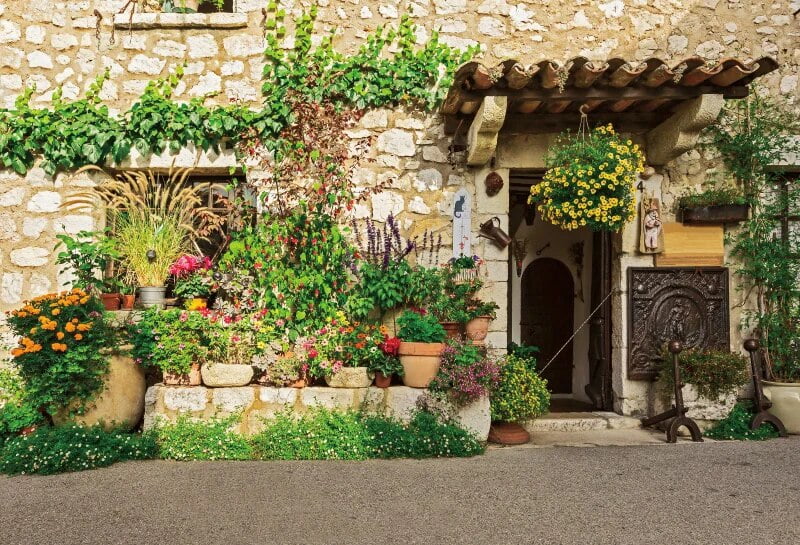 Stone House Photo Backdrop Green Grass Flowers Photography Background ...