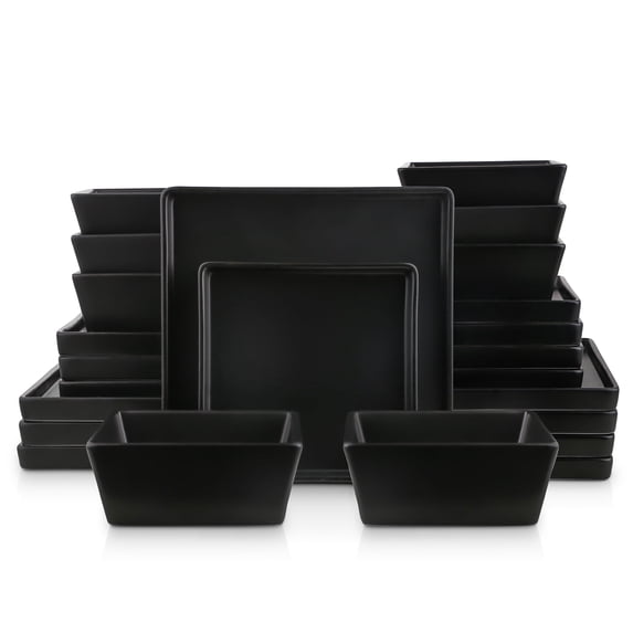 Stone Lain Grace 24-Piece Square Modern Dishware Set, Black Matte ...