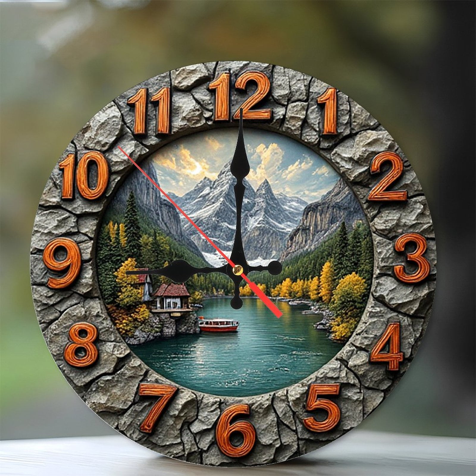 Stone Mountain Lake Clock Wall Decor 10-Inch Silent Wooden Wall Clock ...