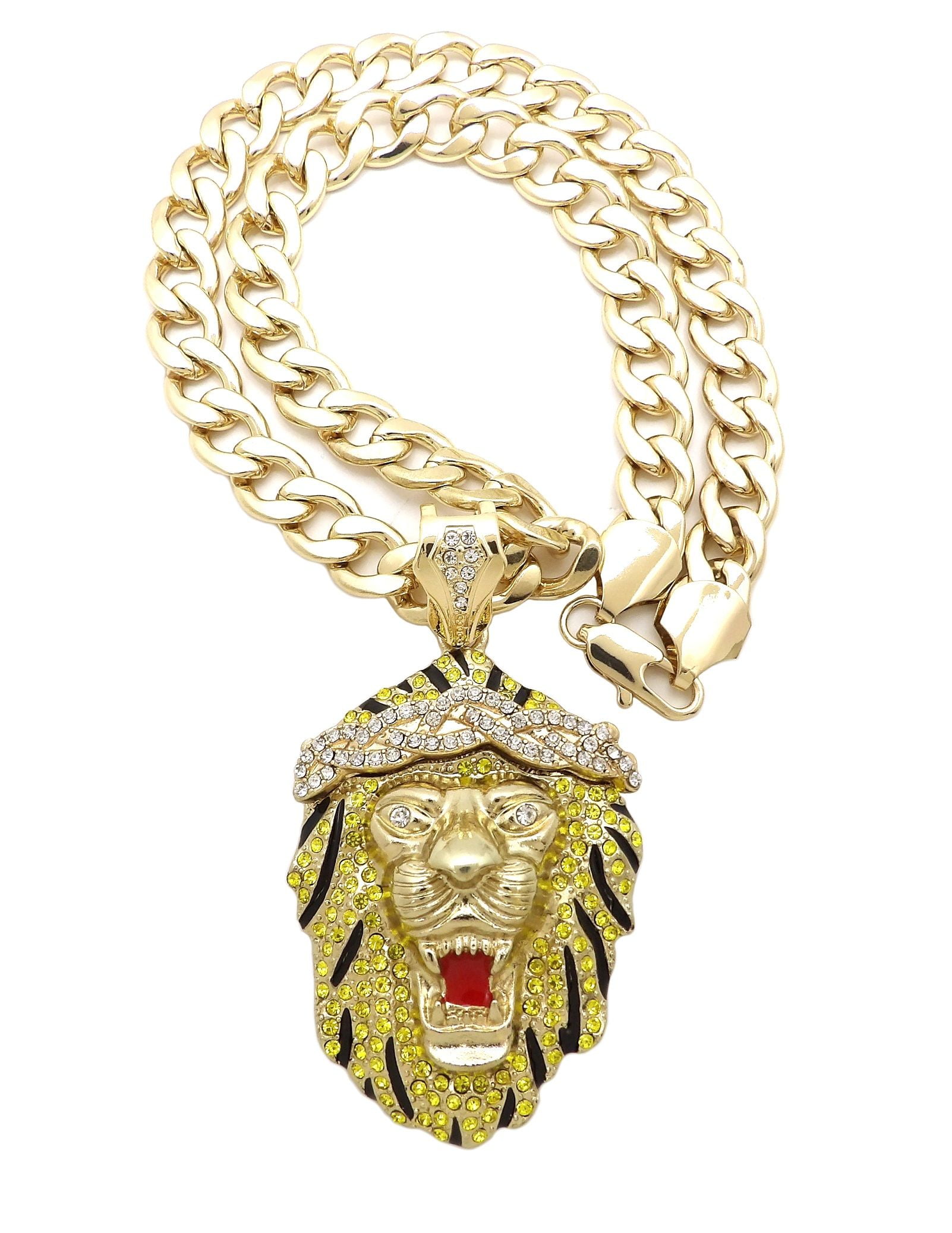 Stone Stud African Roaring Lion Pendant with 11mm Cuban Chain Necklace ...