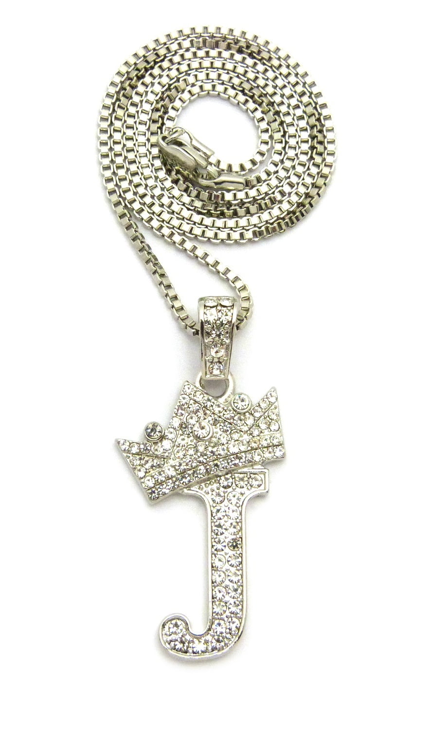 Stone Stud Allover Tilted Crown Initial J Pendant w/ 2mm 24" Box Chain ...