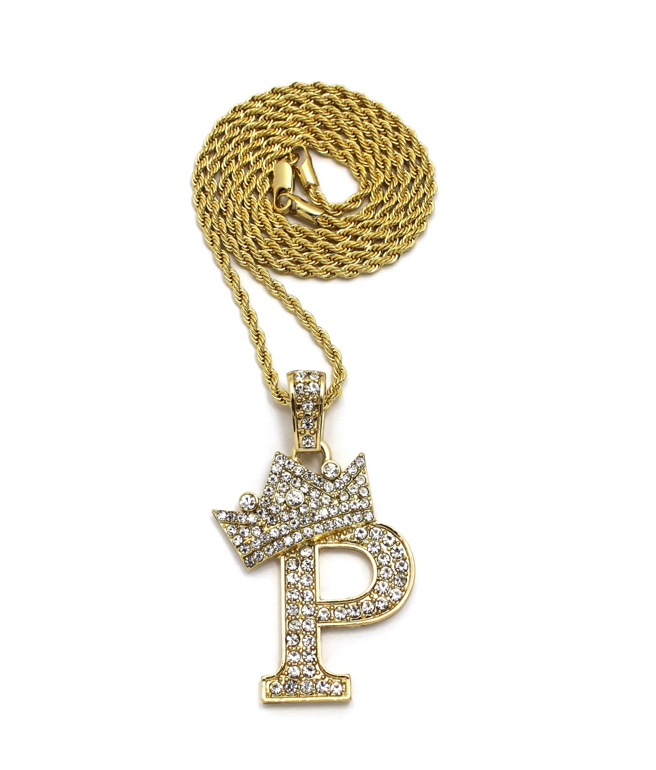 Stone Stud Allover Tilted Crown Initial P Pendant w/ 3mm 18" Rope Chain ...