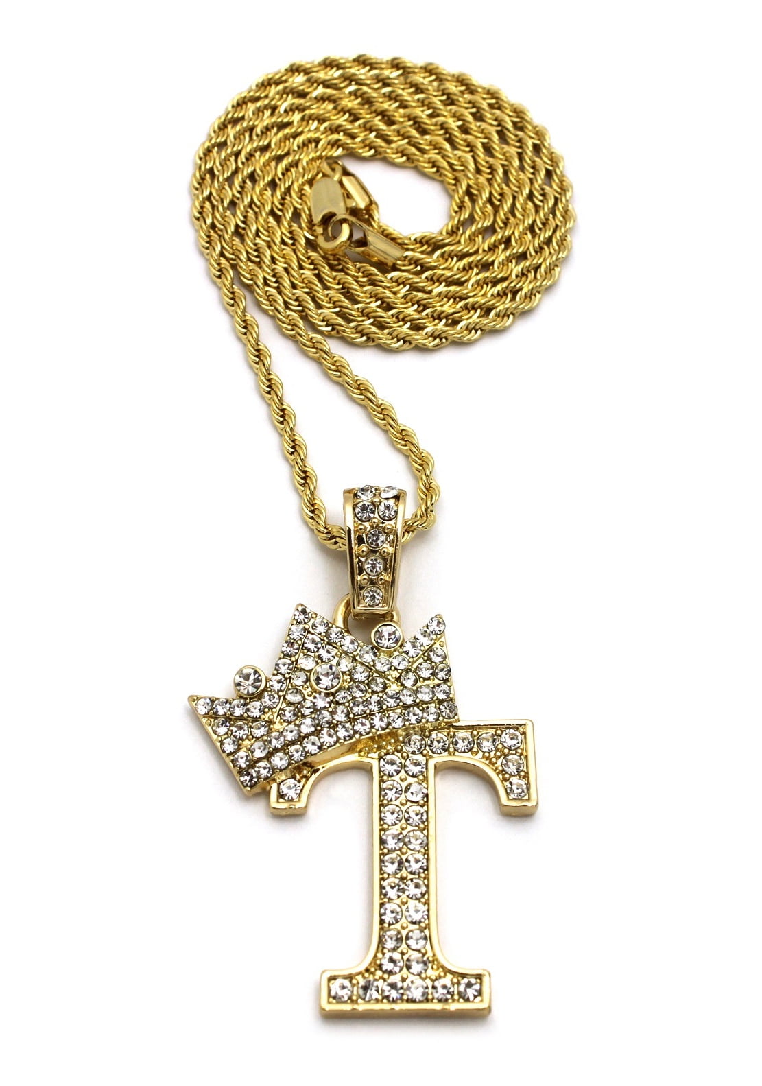 Stone Stud Allover Tilted Crown Initial T Pendant w/ 2mm 24" Rope Chain ...