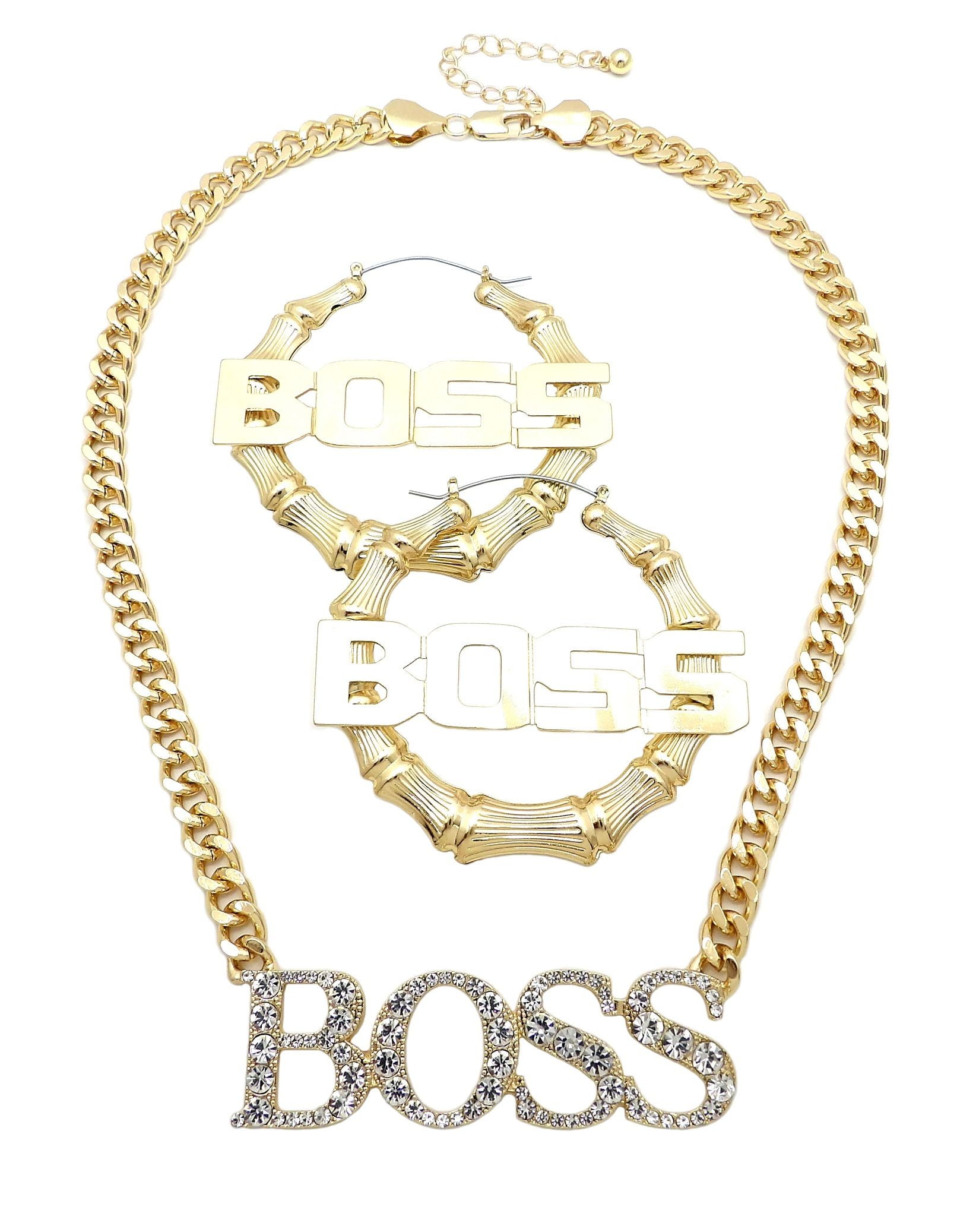 Stone Stud BOSS Pendant Chain Necklace with BOSS Bamboo Style Hoop ...