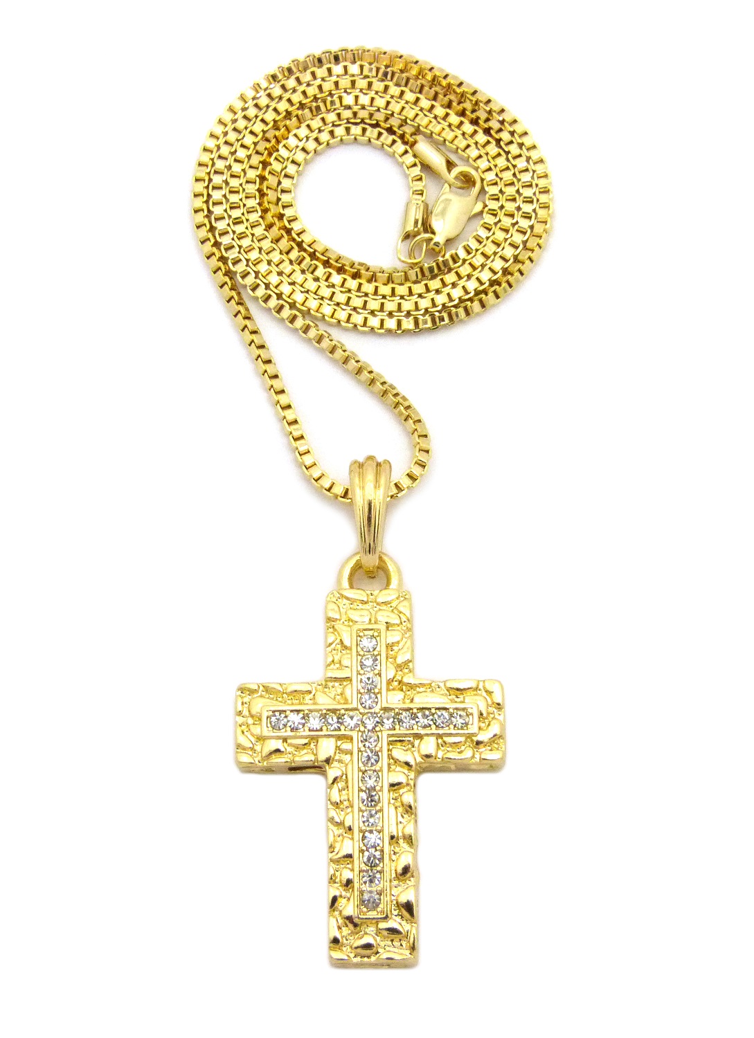 Stone Stud Cross on Nugget Cross Pendant with Chain Necklace - 2mm 24 ...