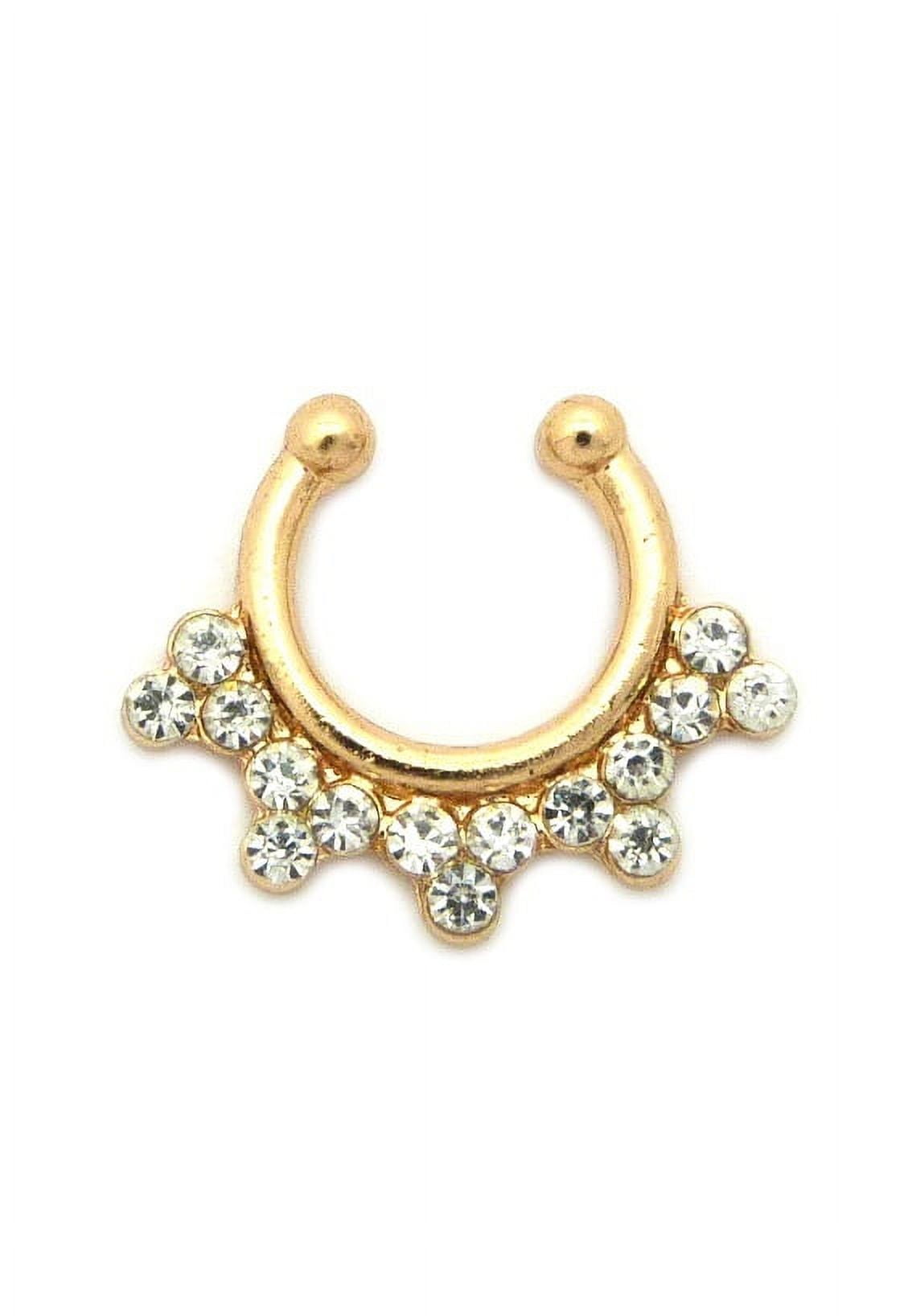 Stone Stud Crown Shape Non-Pierced Septum Hanger Nose Hoop Ring in Gold ...