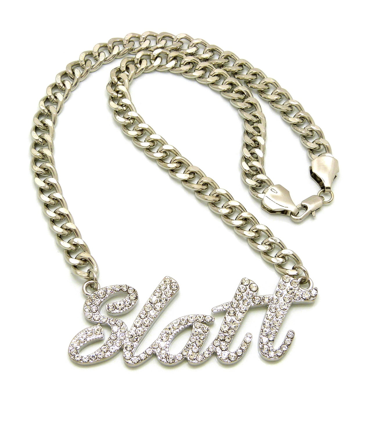 Stone Stud Cursive Script Slatt Pendant 8mm 18" Link Chain Necklace ...