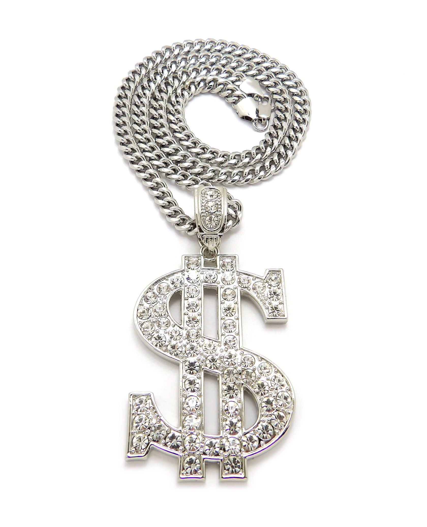Stone Stud Dollar Sign with 6mm Cuban Chain Necklace, Silver-Tone, 30 ...