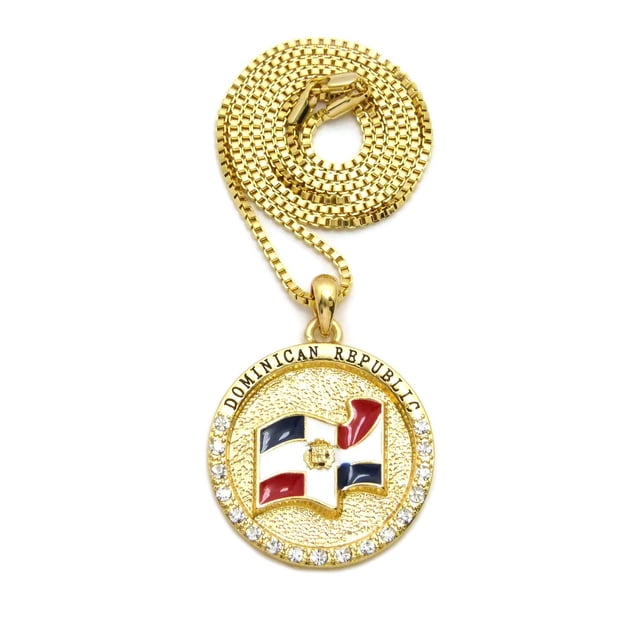 Stone Stud Dominican Republic Waving Flag Medal with 2mm Box Chain ...