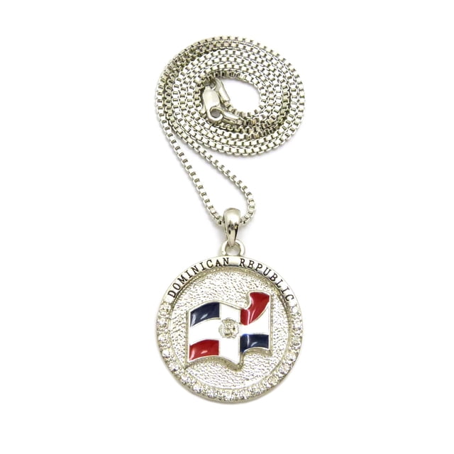 Stone Stud Dominican Republic Waving Flag Medal with 2mm Box Chain ...