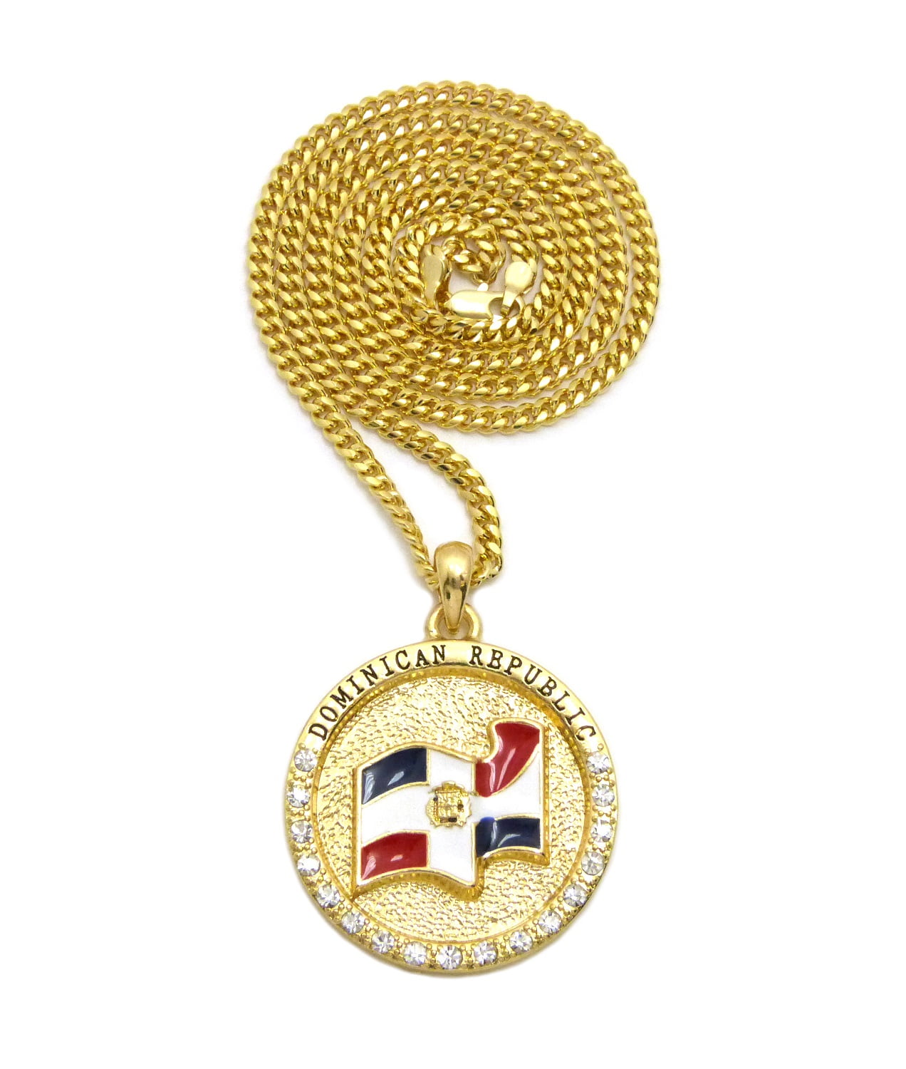 Stone Stud Dominican Republic Waving Flag Medal with 3mm Cuban Chain ...