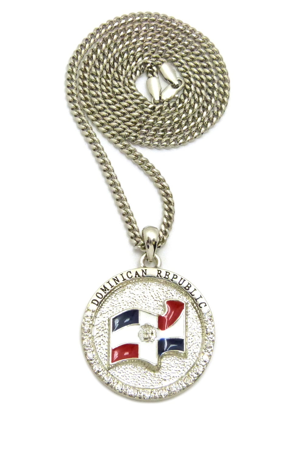 Stone Stud Dominican Republic Waving Flag Medal with 3mm Cuban Chain ...