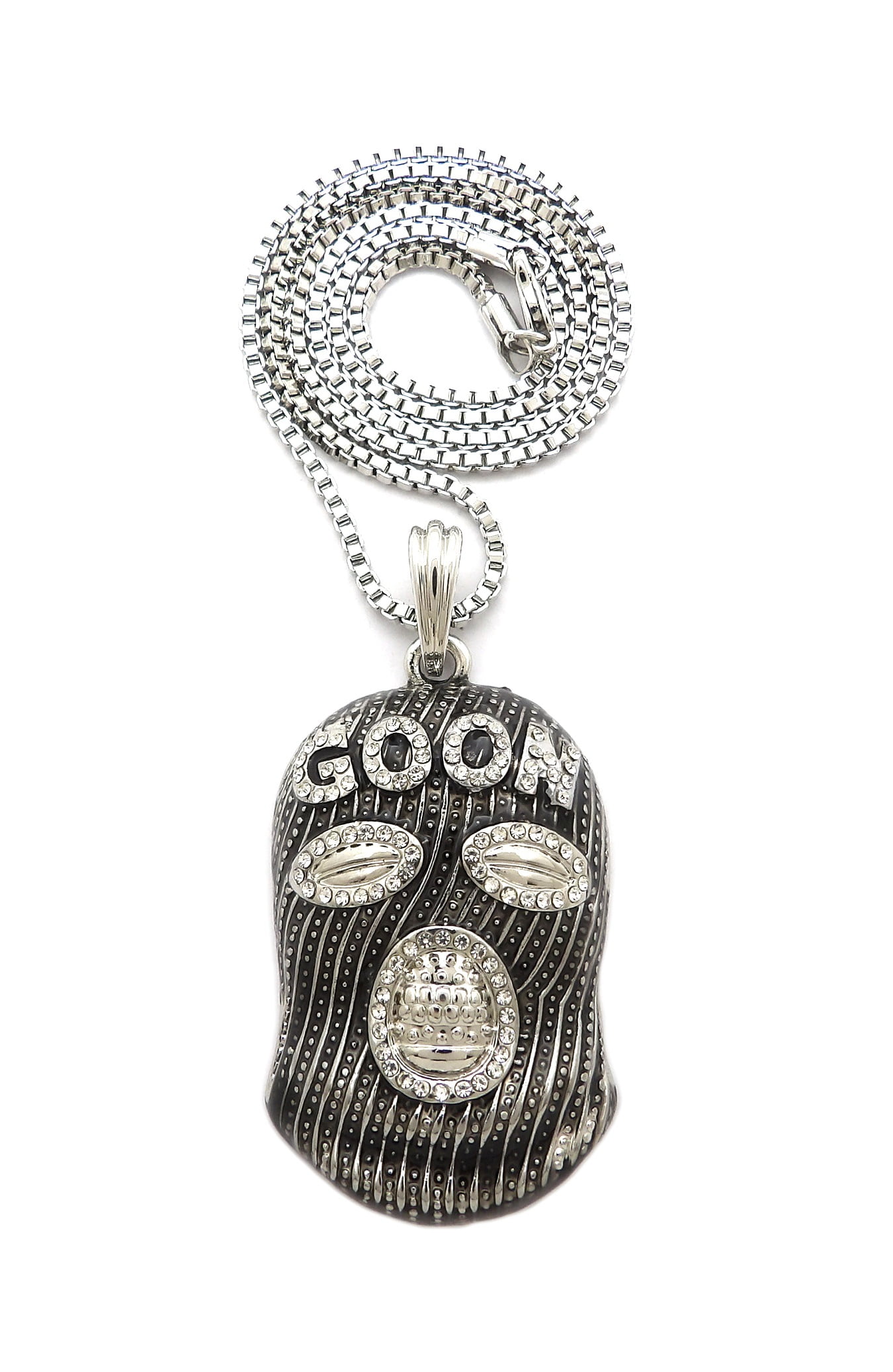 Stone Stud Full Face Ski Mask Goon Pendant with 2mm Box Chain Necklace ...