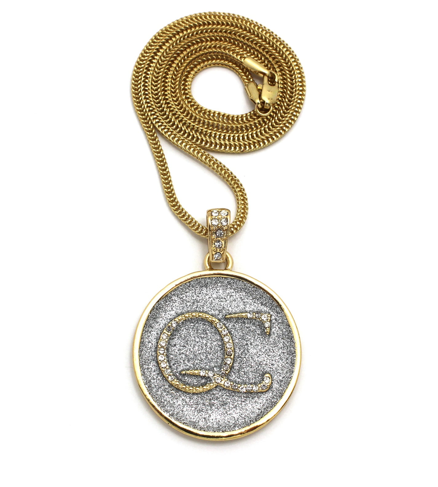 Stone Stud Initials QC Dusted Pendant w/ 3mm 24" Fox Chain Necklace ...