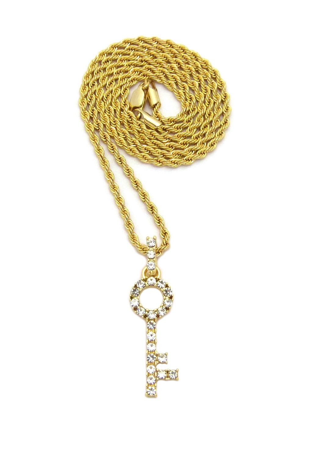 Stone Stud Lever Lock Key Micro Pendant w/2mm 24" Rope Chain Necklace ...