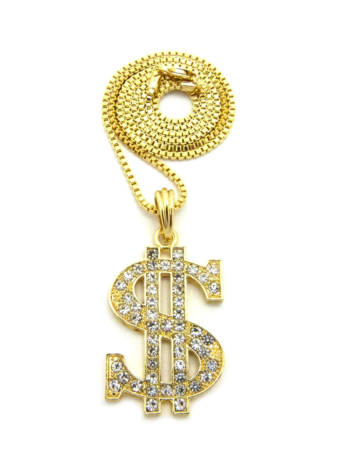 Stone Stud Straight End Dollar Sign $ Pendant with Chain Necklace - 2mm ...