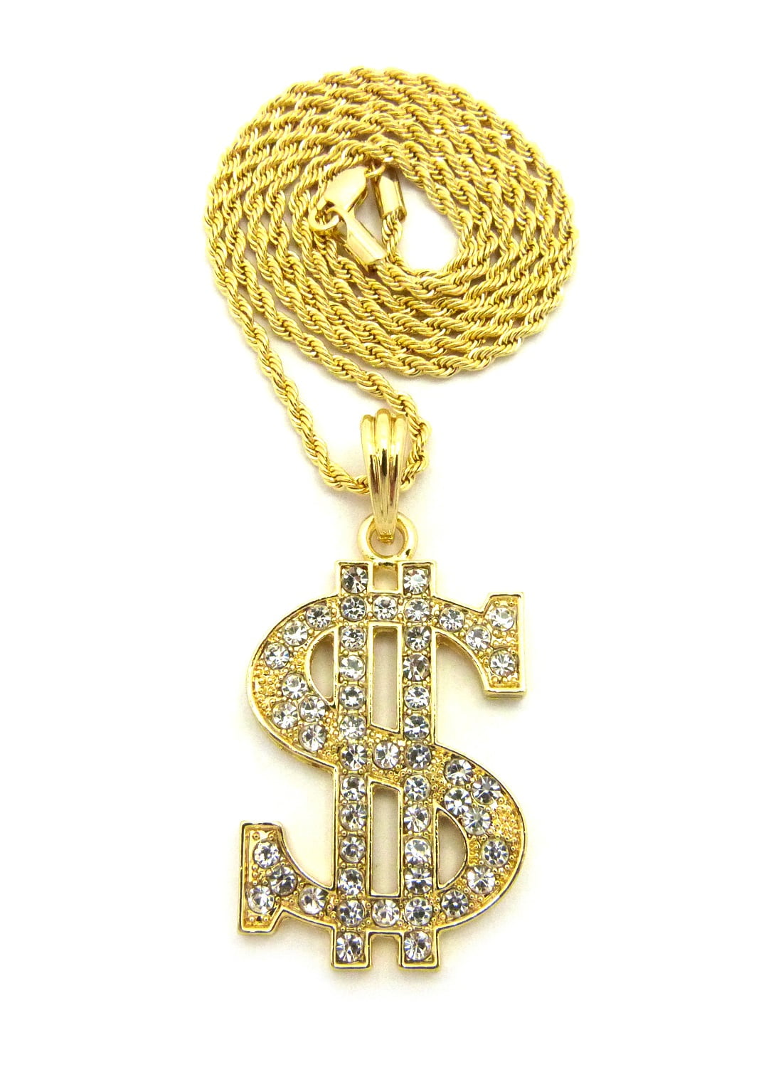 Stone Stud Straight End Dollar Sign $ Pendant with Chain Necklace - 2mm ...
