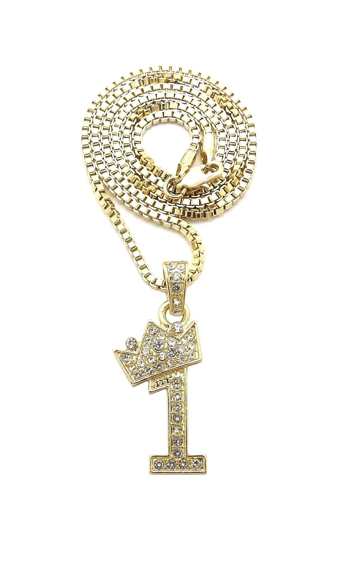 Stone Stud Tilted Crown Number Micro Pendant with 2mm Box Chain ...
