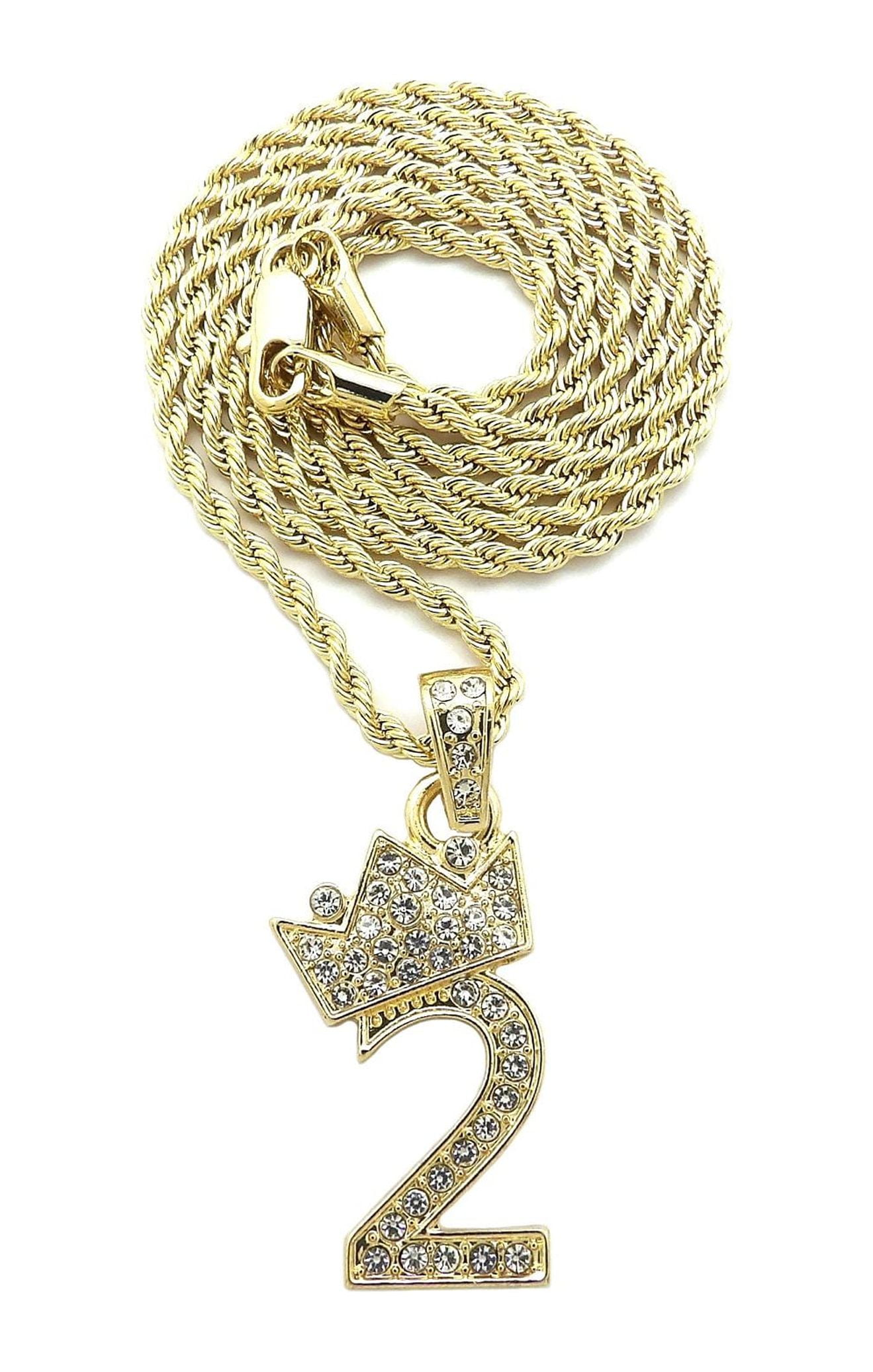 Stone Stud Tilted Crown Number Micro Pendant with 2mm Rope Chain ...