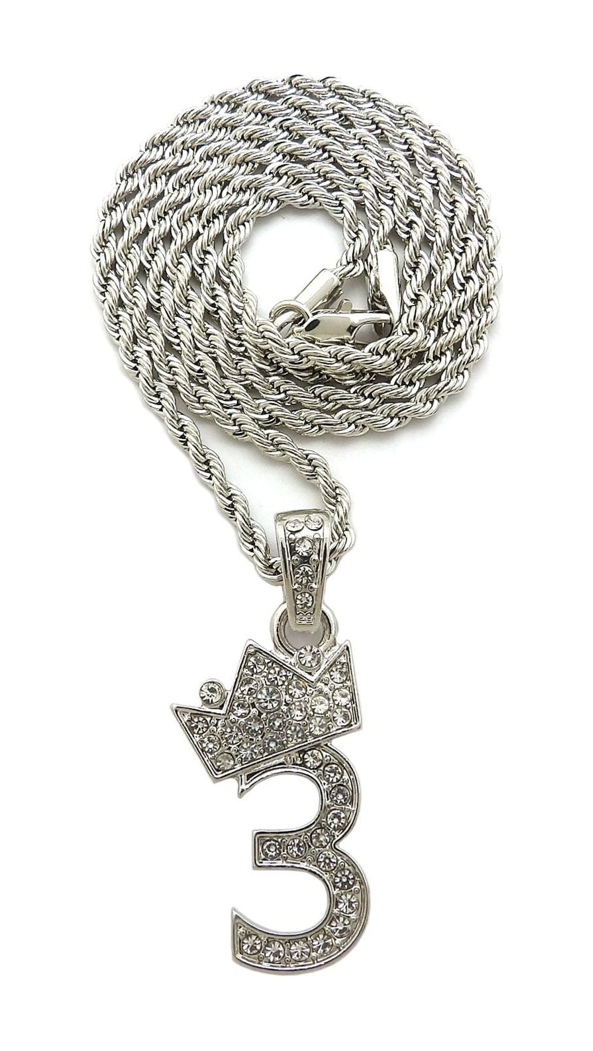 Stone Stud Tilted Crown Number Micro Pendant with 2mm Rope Chain ...