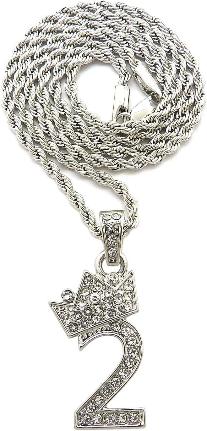 Stone Stud Tilted Crown Number Micro Pendant with 2mm Rope Chain ...