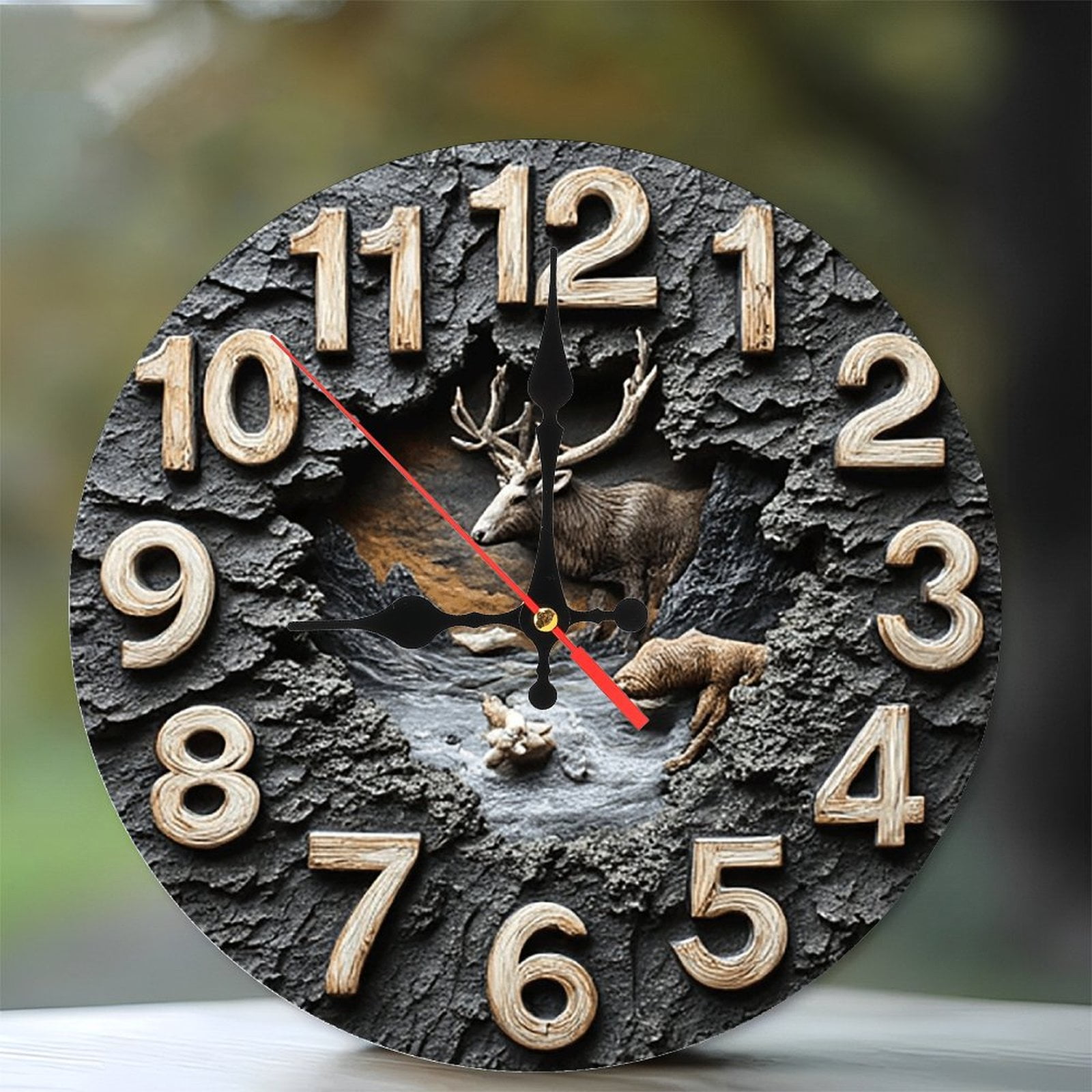 Stone Texture Elk Animal Wall Clock 10-Inch Silent Wooden Wall Clock ...