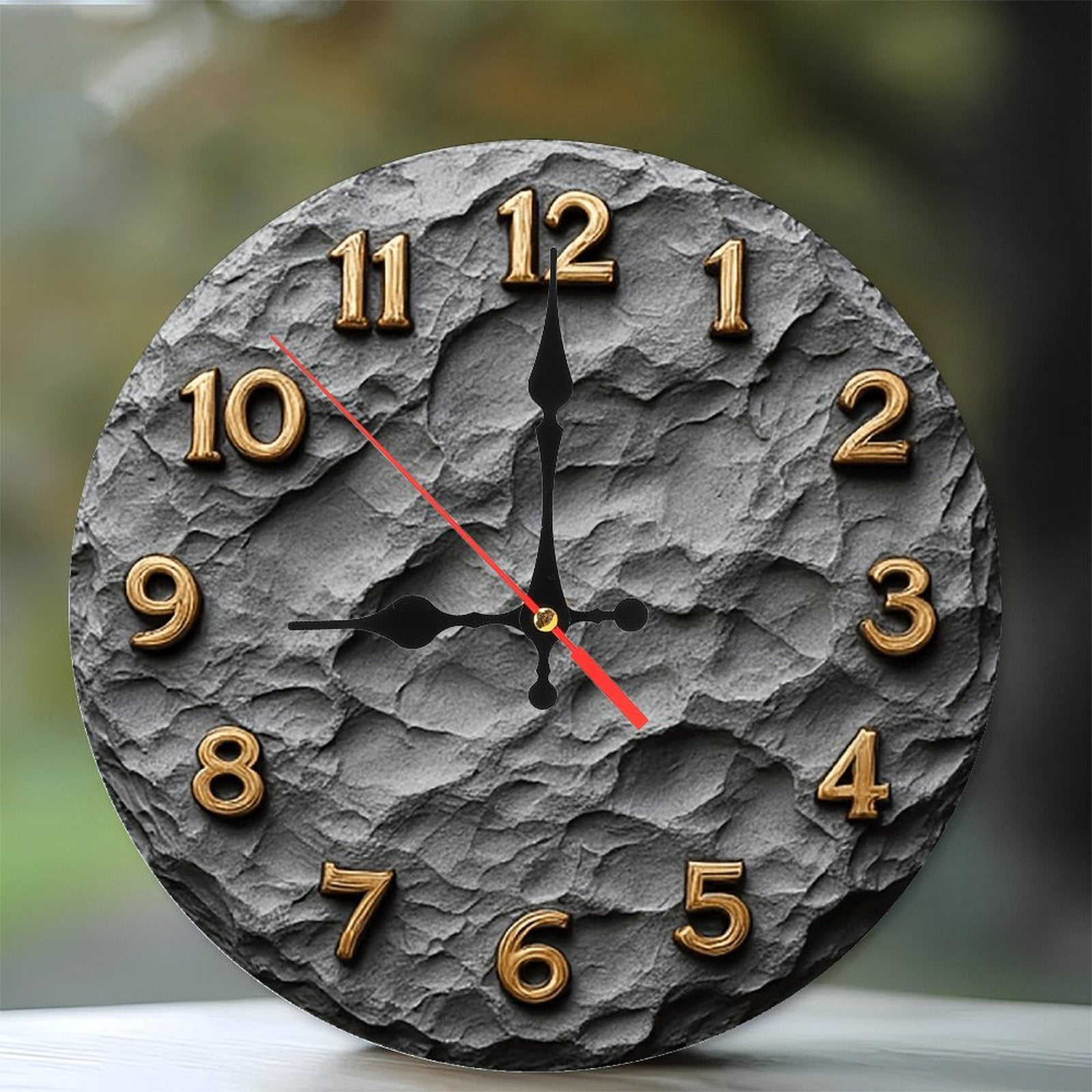 Stone Texture Wall Clock Gold Numbers Home Decor 10-Inch Silent Wooden ...