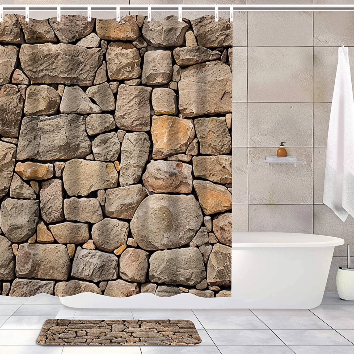 Stone Wall Texture Shower Curtain Set with Bathroom Curtain and ...